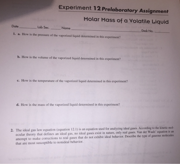 Solved Experiment 12 Prelaboratory Assignment Molar Mass of | Chegg.com