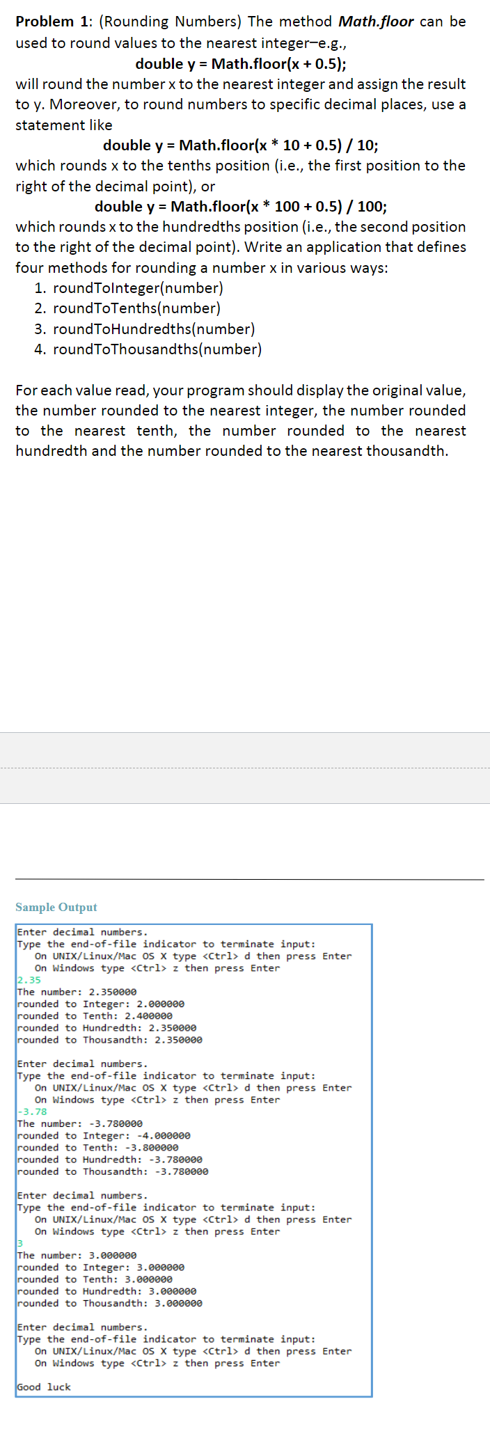 Solved Problem 1: (Rounding Numbers) The method Math.floor | Chegg.com