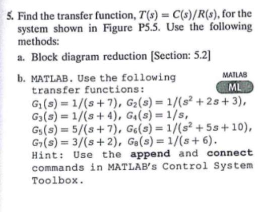Solved 5. Find the transfer function, T(s) = C(s)/R(s), for | Chegg.com