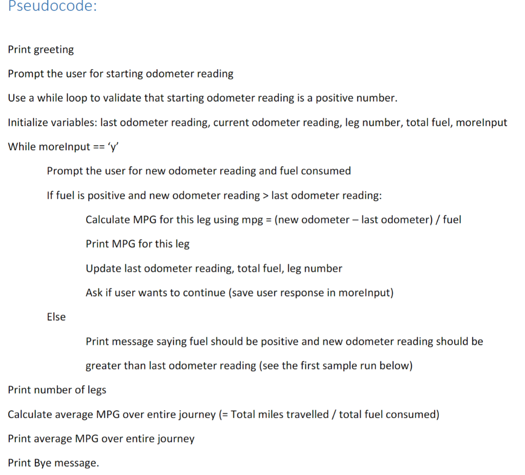 Solved 1. Asks user for the starting odometer reading (in | Chegg.com