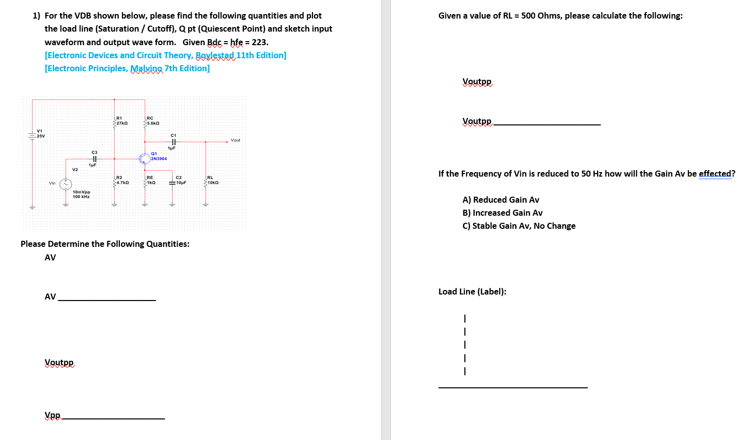 Given a value of RL = 500 Ohms, please calculate the | Chegg.com
