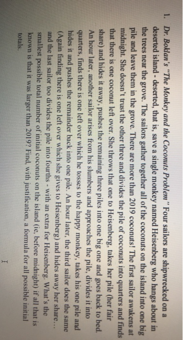 Solved 1. Dr. Boklan's "The Monkey and the Coconuts Problem | Chegg.com