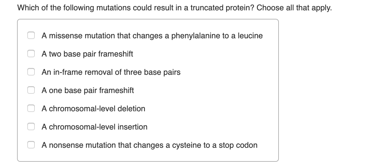 Solved Which of the following mutations could result in a | Chegg.com