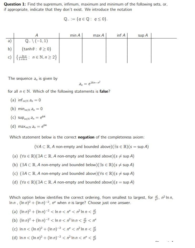Solved Question 1: Find the supremum, infimum, maximum and | Chegg.com