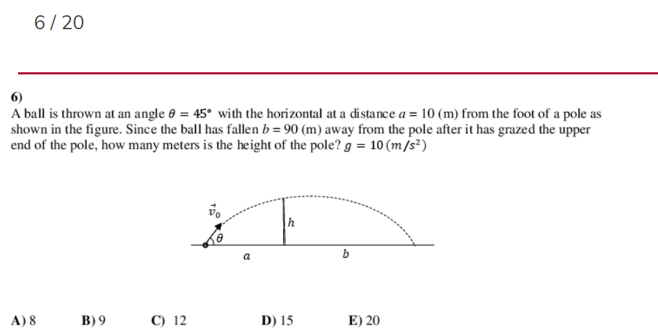 Solved 6/20 6) A ball is thrown at an angle 8 = 45° with the | Chegg.com