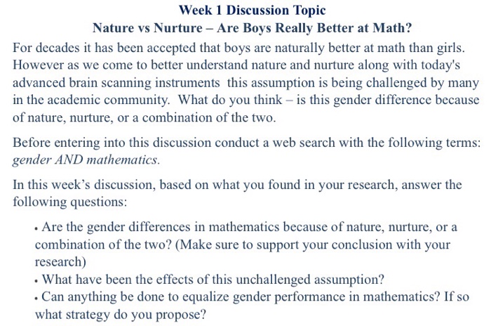 Solved Week 1 Discussion Topic Nature vs Nurture - Are Boys | Chegg.com