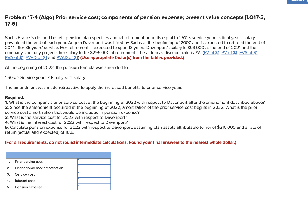 Solved Problem 17-4 (Algo) Prior service cost; components of | Chegg.com