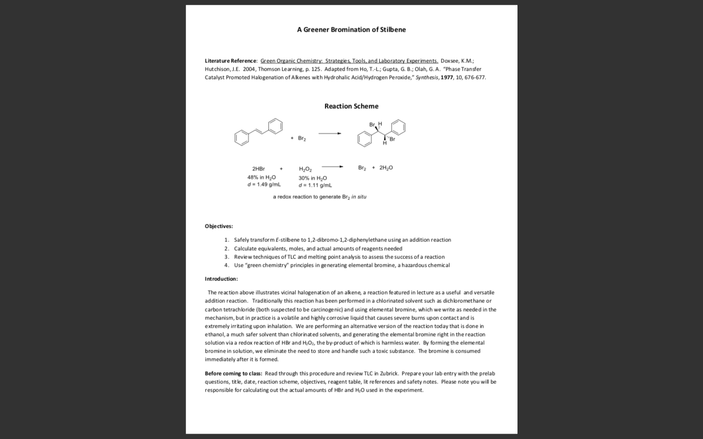 Solved A Greener Bromination of Stilbene Literature | Chegg.com