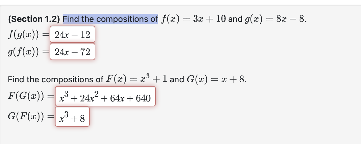 Solved (Section 1.2) Find the compositions of f(x)=3x+10 and | Chegg.com