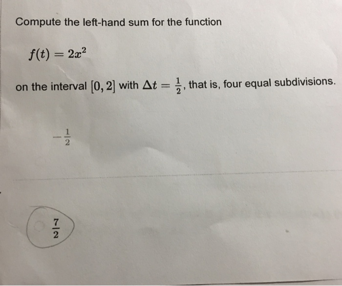 Solved Compute the left-hand sum for the function f(t) 22 on | Chegg.com