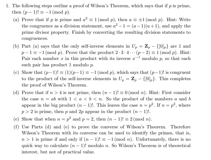 Solved T 1. The following steps outline a proof of Wilson's | Chegg.com