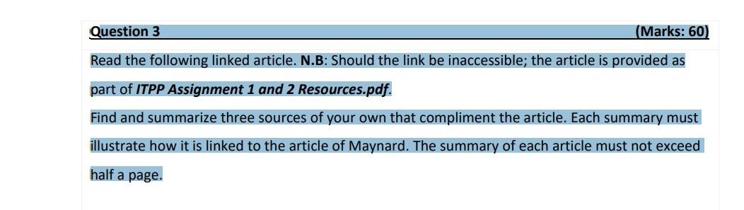 Question 3 Marks: 60 Read the following linked | Chegg.com