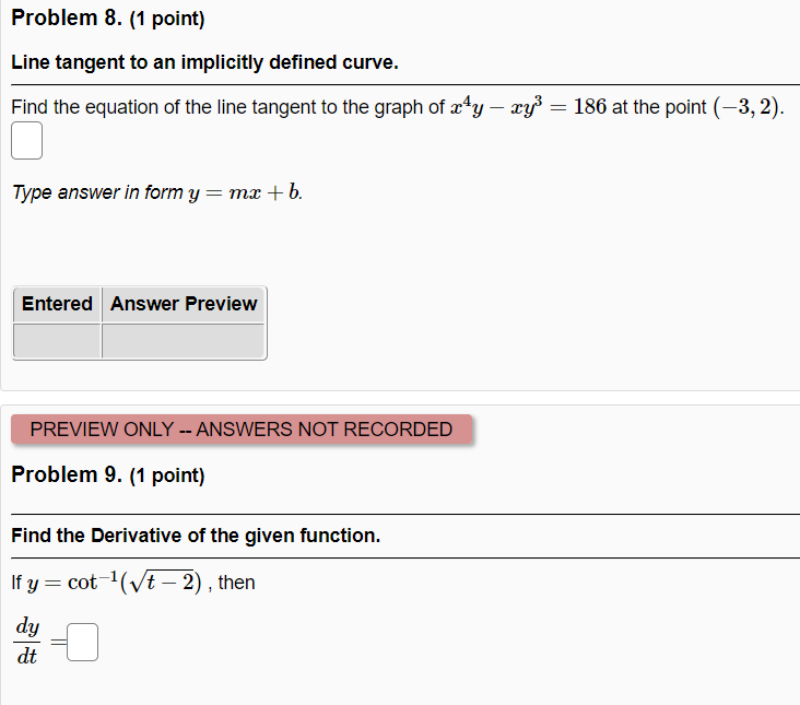 Solved Problem 8. (1 point) Line tangent to an implicitly | Chegg.com