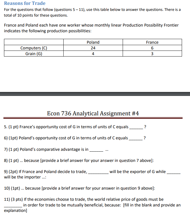 Solved Reasons for Trade For the questions that follow | Chegg.com