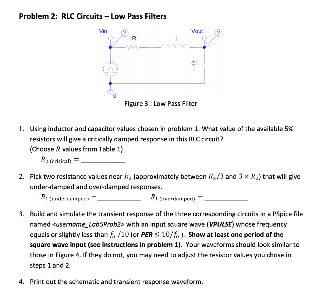 Solved Problem 2: RLC Circuits - Low Pass Filters Vin V Vout | Chegg.com