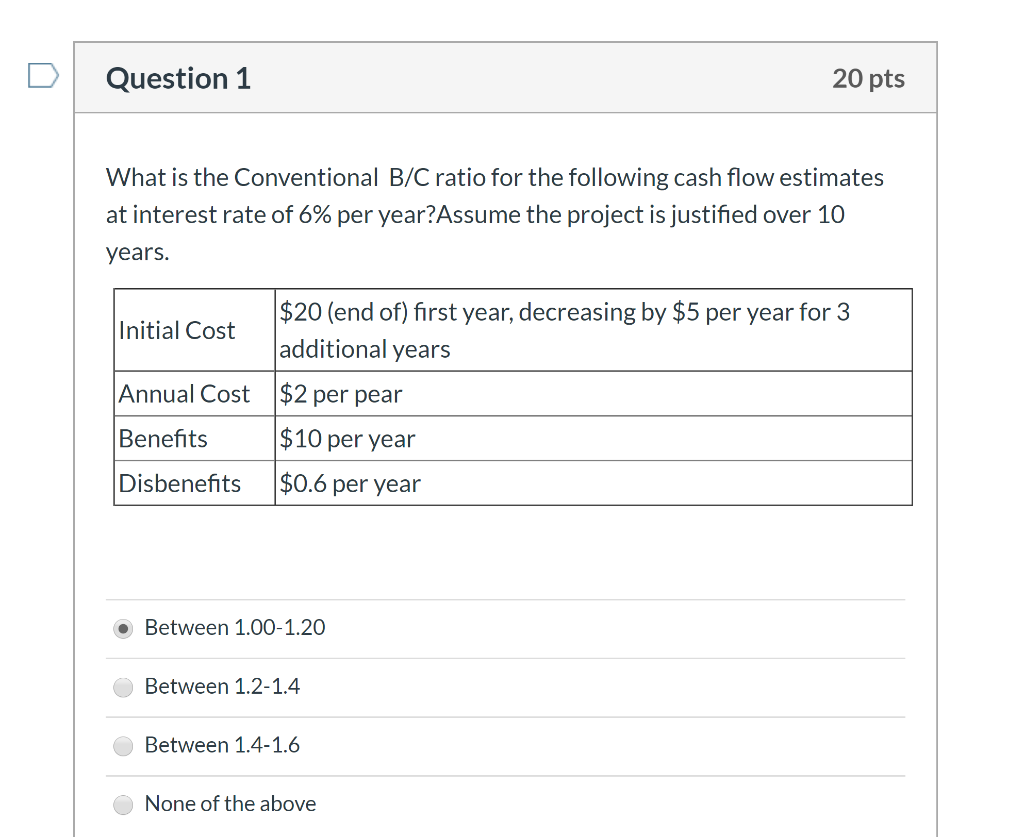 Solved Question 1 20 pts What is the Conventional B/C ratio | Chegg.com
