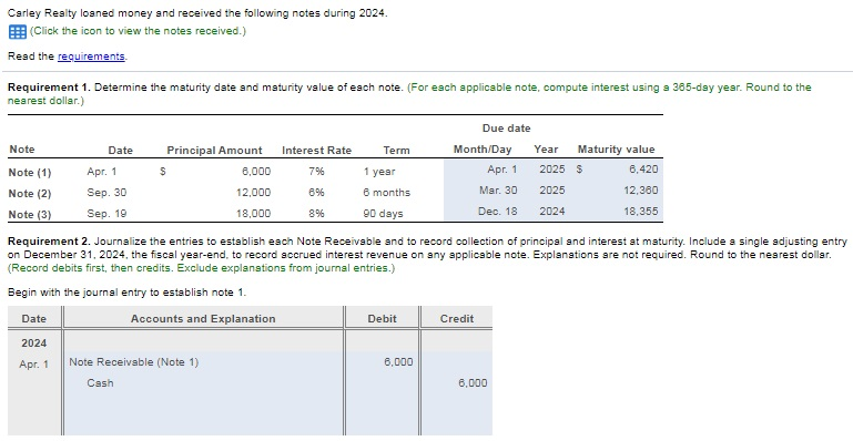 Solved - Requirements Data Table Note Date Principal Amount | Chegg.com