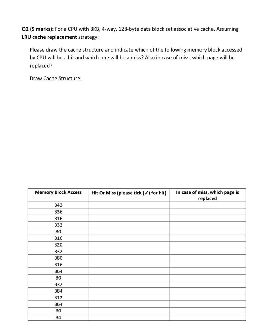 Solved Q2 (5 marks): For a CPU with 8KB, 4-way, 128-byte | Chegg.com