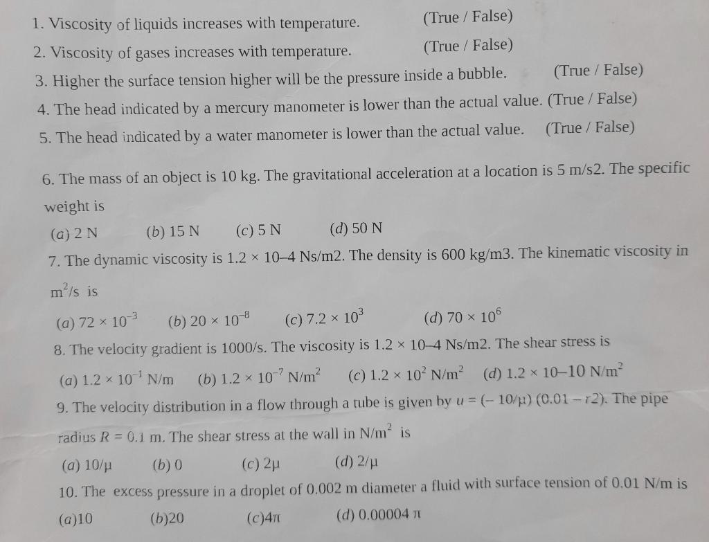Solved 1. Viscosity of liquids increases with temperature. | Chegg.com