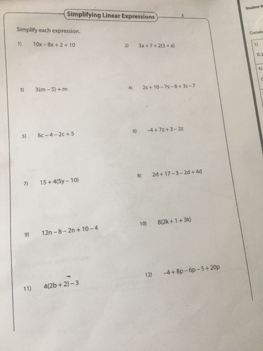 Solved Simplifying Linear Expressions Student N Simplify | Chegg.com