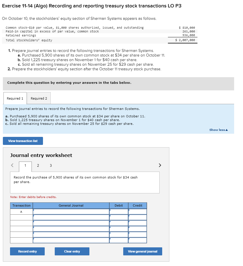 Solved Exercise 11-14 (Algo) Recording and reporting | Chegg.com