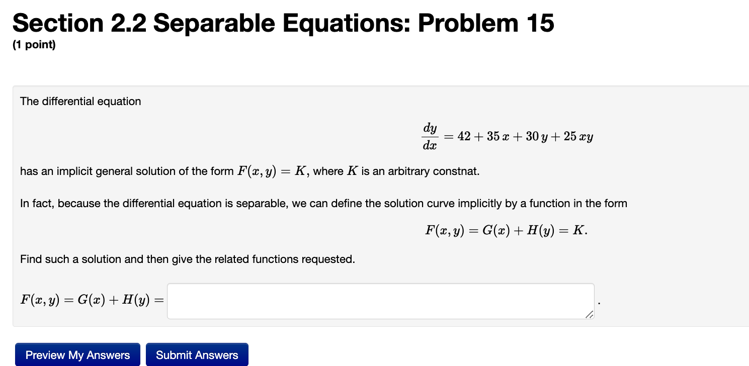 Solved Section 2 2 Separable Equations Problem 15 1 Point
