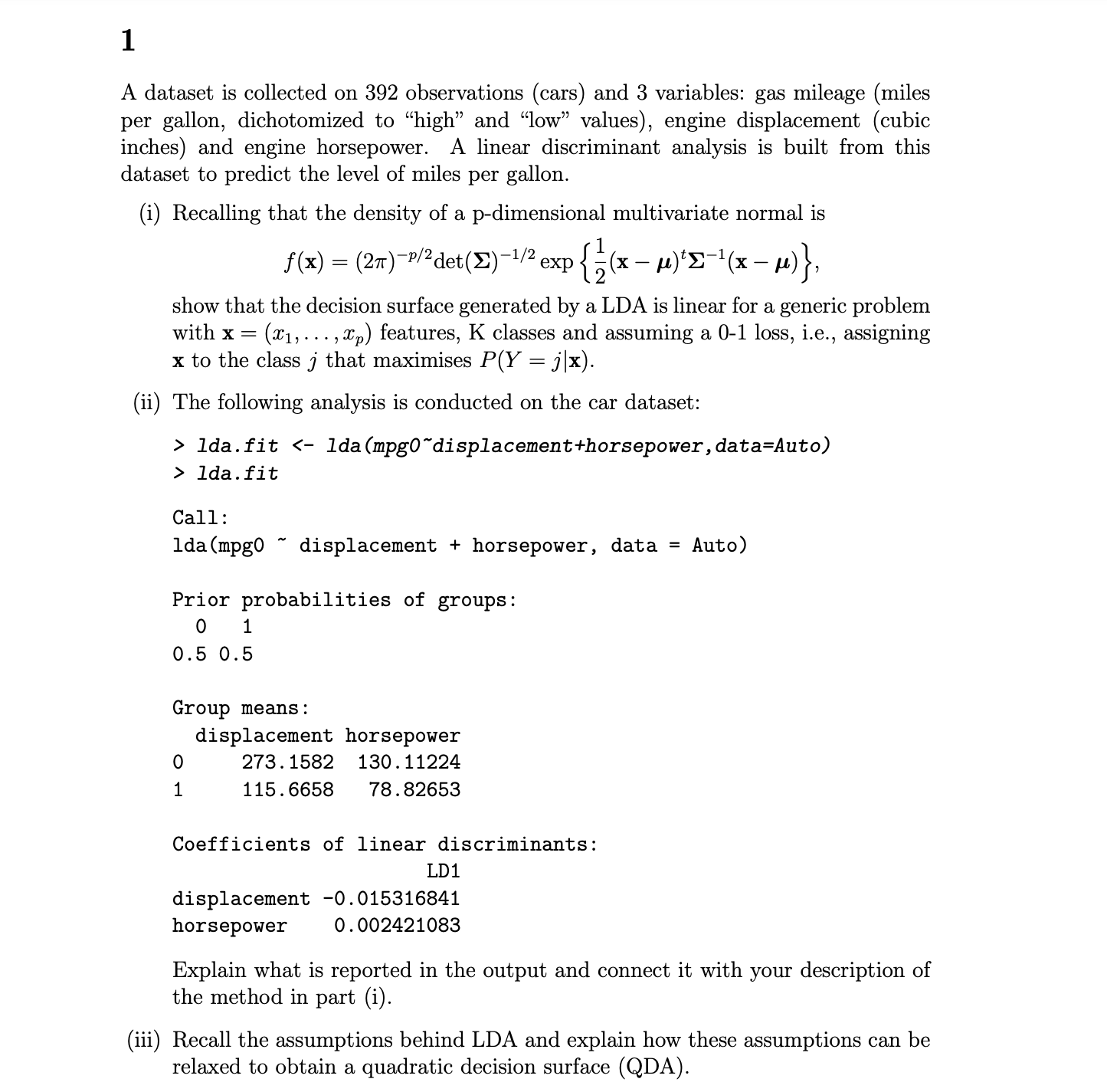 Solved 1 A dataset is collected on 392 observations (cars) | Chegg.com