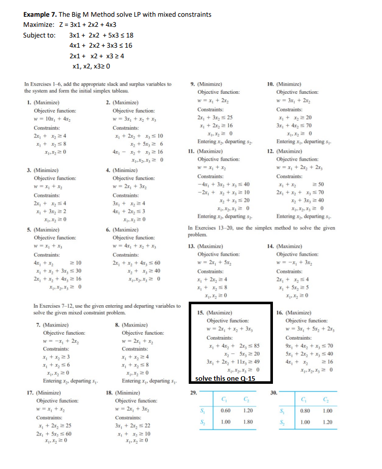 Solved Example 7. The Big M Method solve LP with mixed | Chegg.com