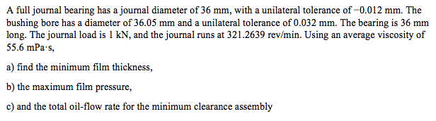Solved A full journal bearing has a journal diameter of 36 | Chegg.com