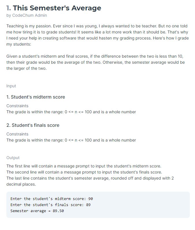 Solved 1 This Semesters Average By Codechum Admin Teaching