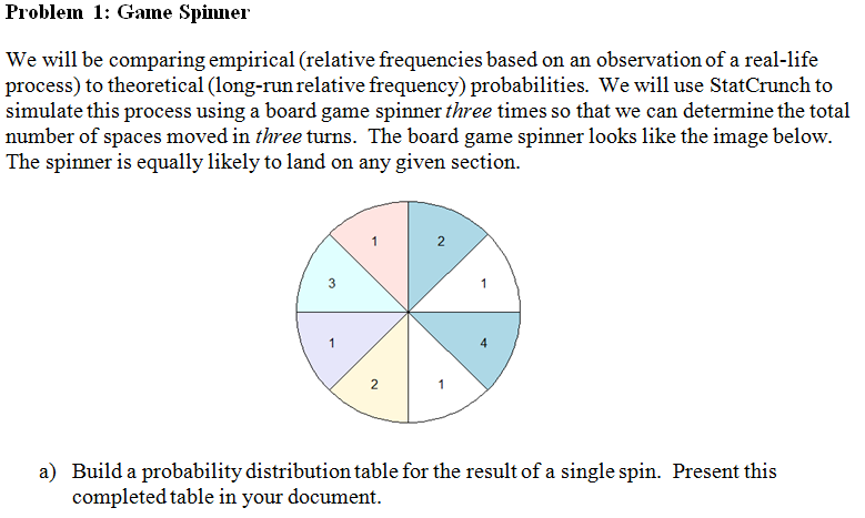Problem 1: Game Spinner We will be comparing | Chegg.com