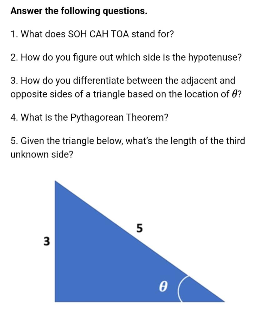 Solved Answer the following questions. 1. What does SOH CAH | Chegg.com