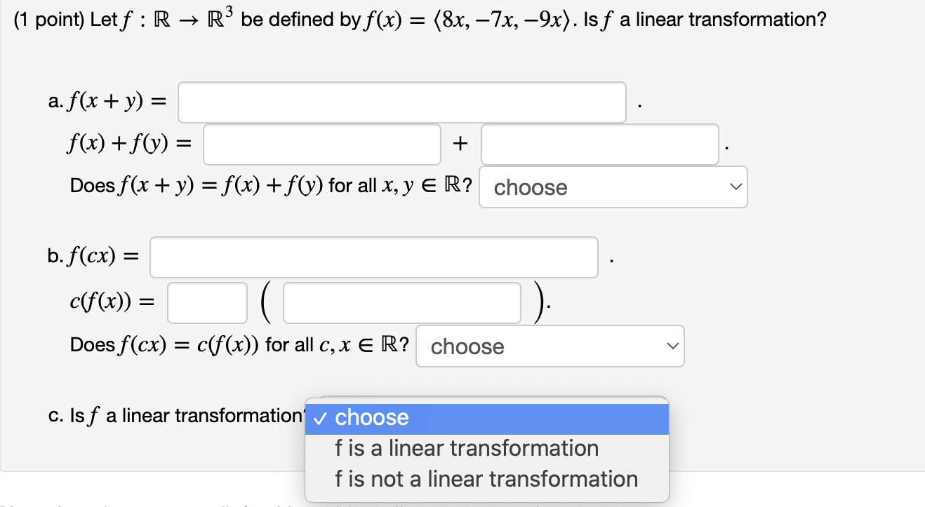 Solved (1 point) Let f:R→R3 be defined by f(x)= 8x,−7x,−9x . | Chegg.com