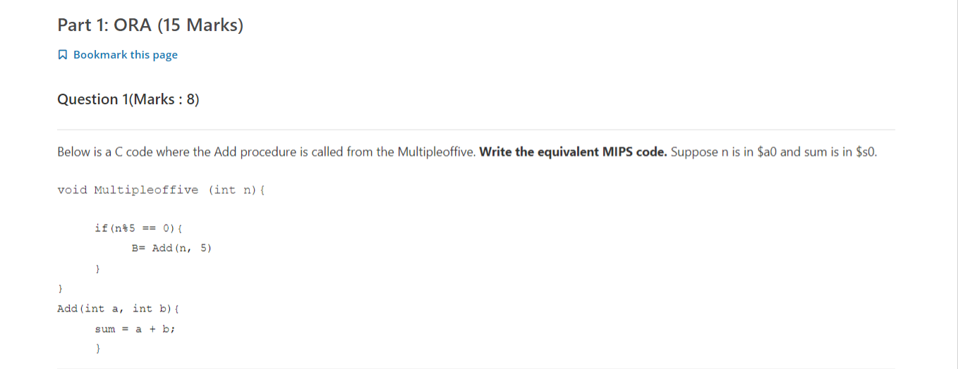 Solved Part 1: ORA (15 Marks) Bookmark this page Question | Chegg.com