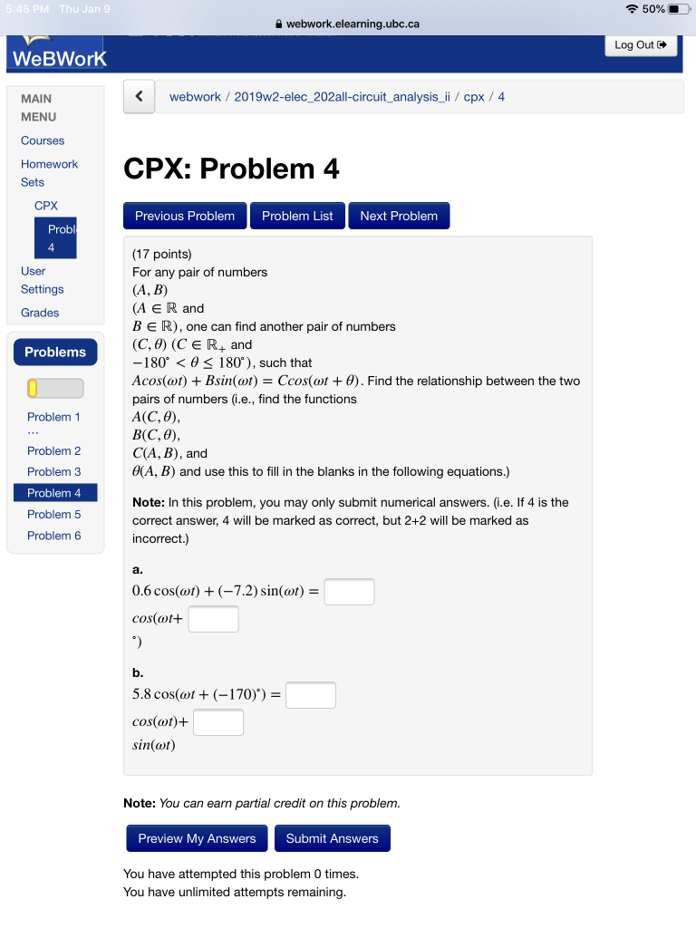 Solved * 50% 5:45 PM Thu Jan 9 A webwork.elearning.ubc.ca | Chegg.com