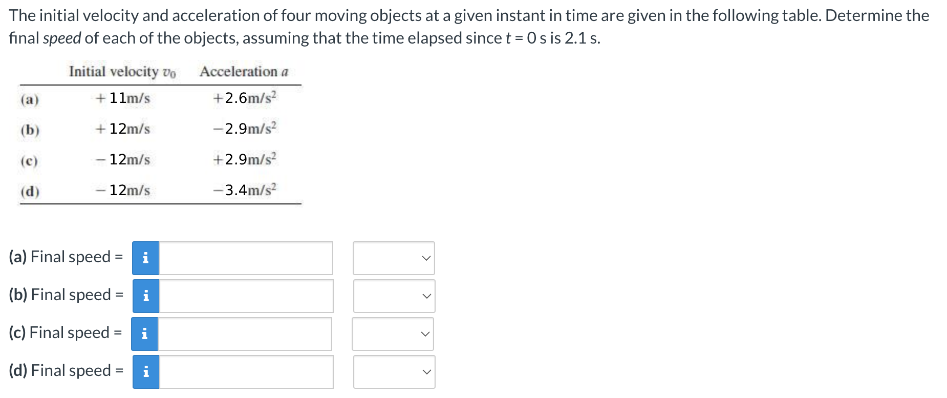 Solved The Initial Velocity And Acceleration Of Four Moving