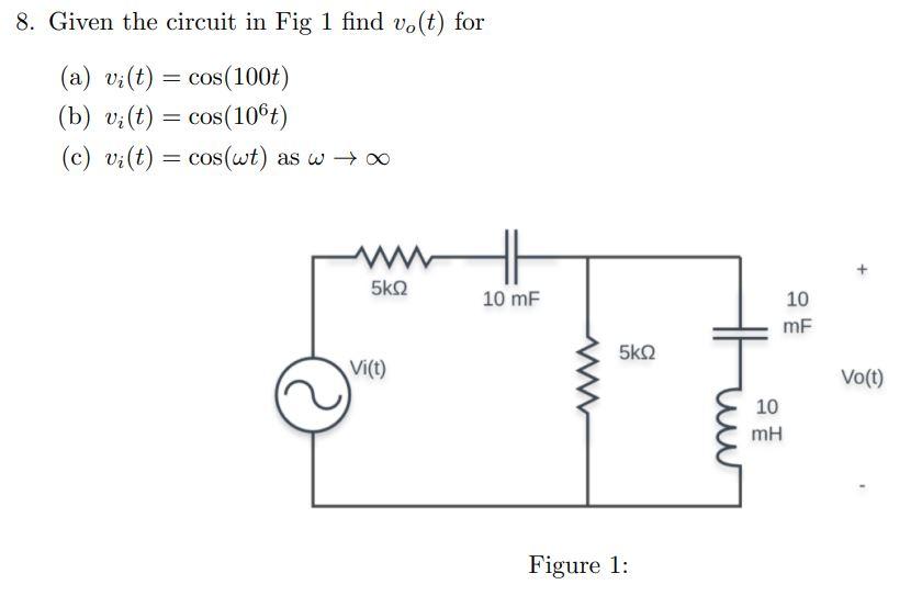 Solved 8. Given the circuit in Fig 1 find vo(t) for (a) | Chegg.com
