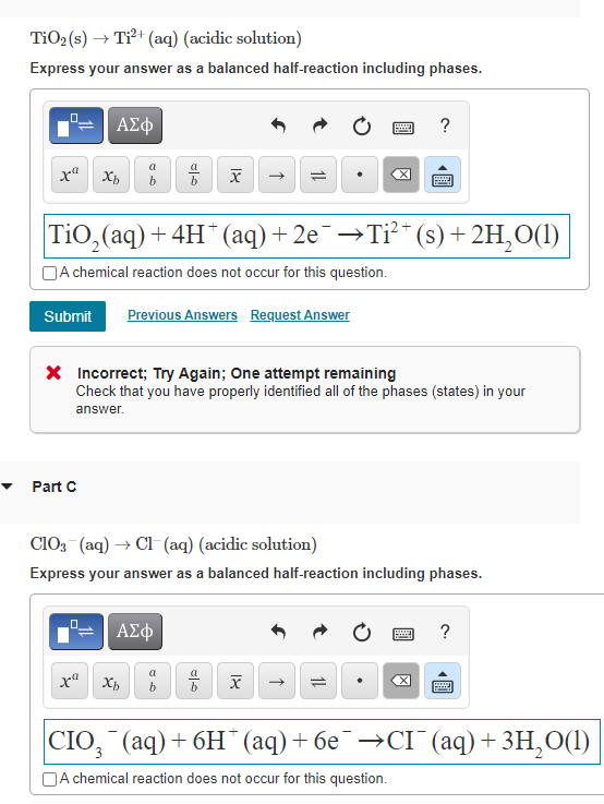 Solved TiO2 (s) + Til+ (aq) (acidic solution) Express your | Chegg.com