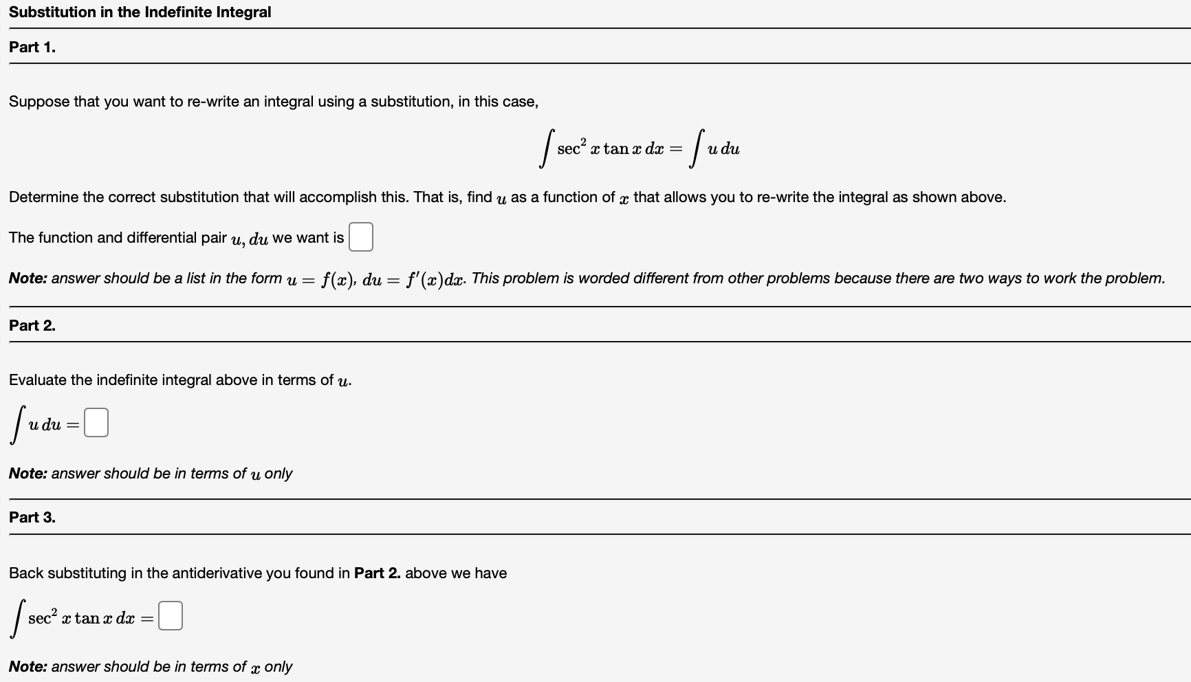 Solved Substitution in the Indefinite Integral Part 1. | Chegg.com