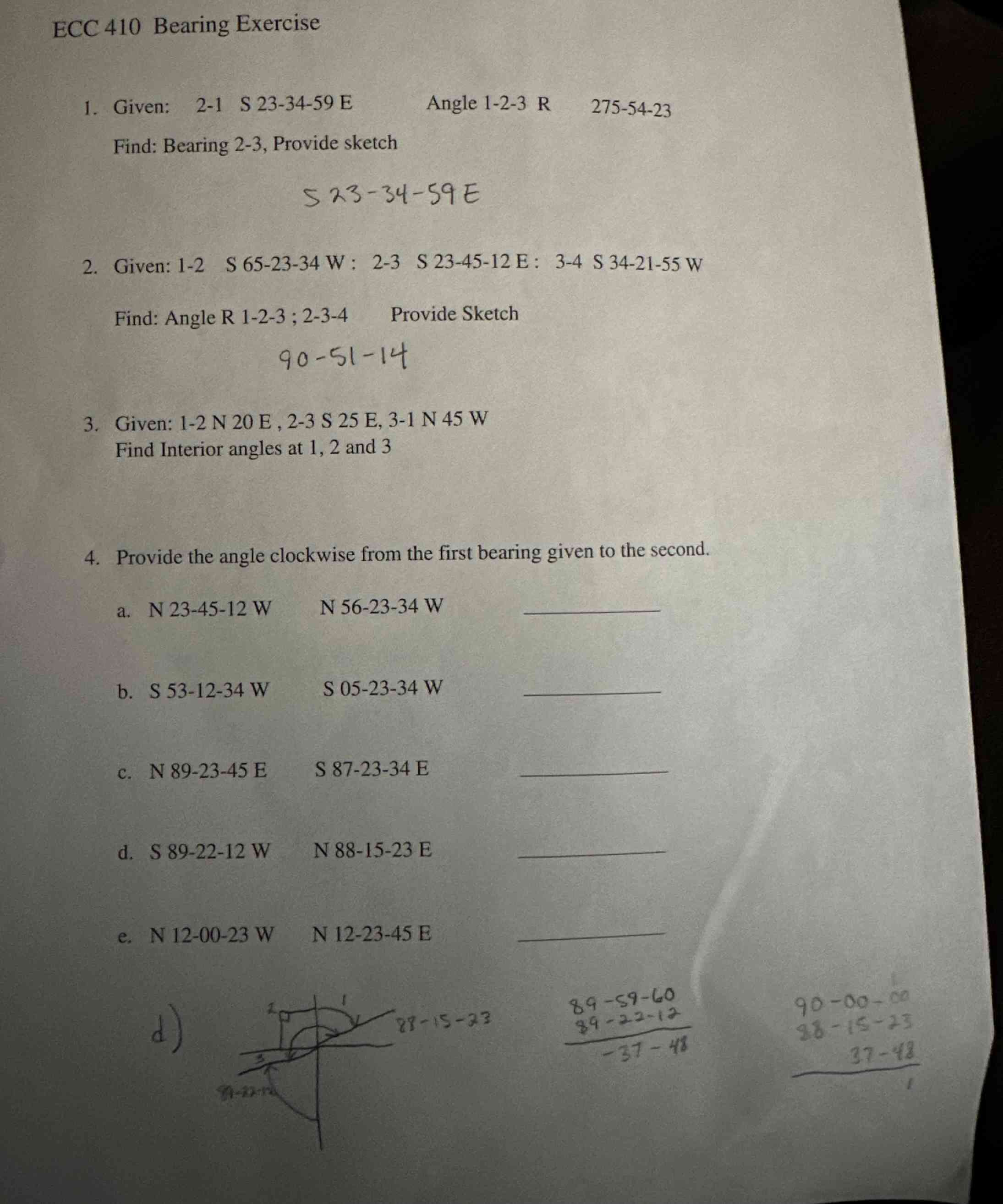 Solved ECC 410 ﻿Bearing ExerciseGiven: 2-1 ﻿S 23-34-59EAngle | Chegg.com