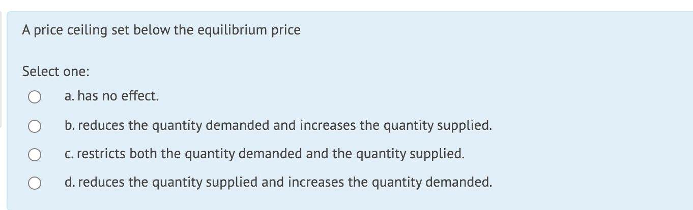 Solved A price ceiling set below the equilibrium price | Chegg.com