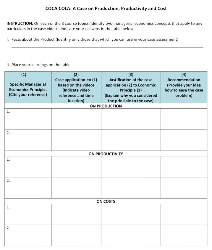 COCA COLA: A Case on Production, Productivity and | Chegg.com