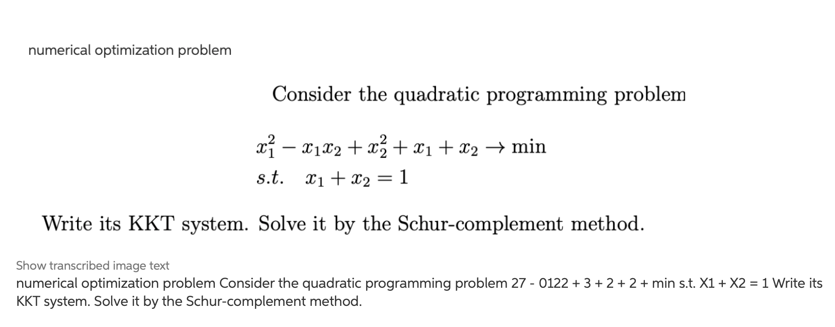Solved numerical optimization problem Consider the quadratic | Chegg.com