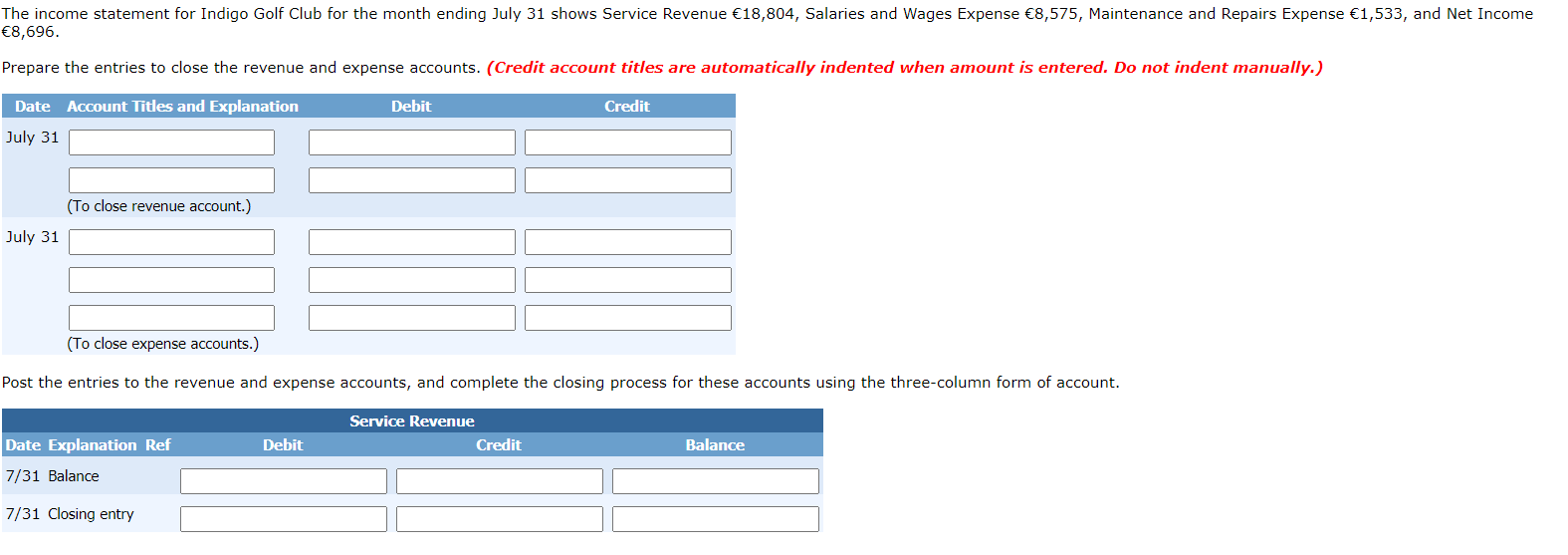 Solved The income statement for Indigo Golf Club for the | Chegg.com