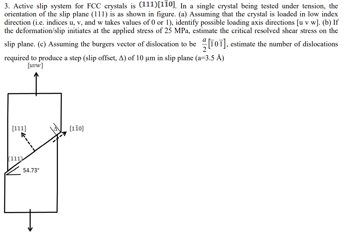 Solved 3. Active slip system for FCC crystals is (111)[110]. | Chegg.com