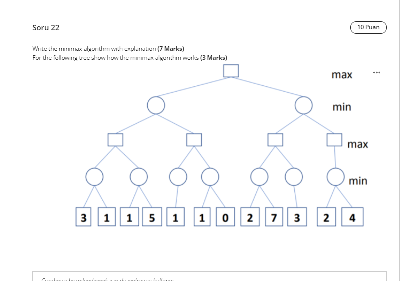 Solved Soru 22 10 Puan Write the minimax algorithm with | Chegg.com
