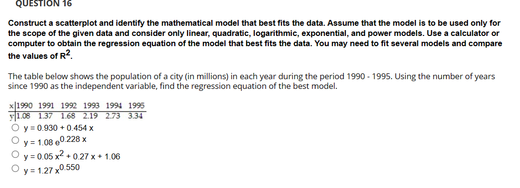 Solved QUESTION 16Construct a scatterplot and identify the | Chegg.com