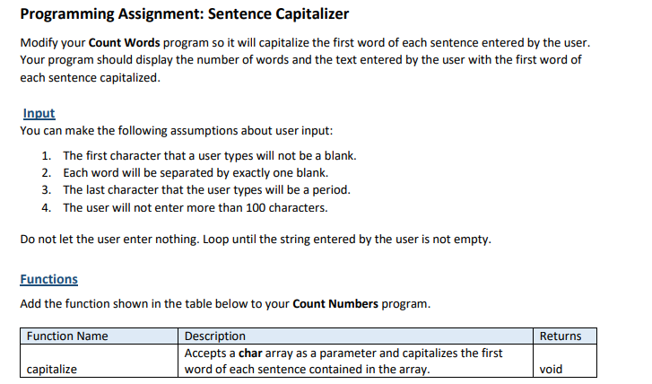 Solved Programming Assignment: Sentence Capitalizer Modify | Chegg.com
