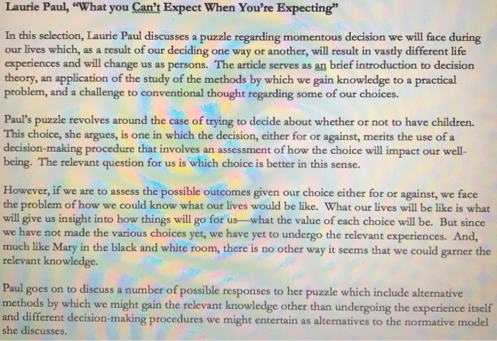 Solved Laurie Paul, What you Can's Expect When You're | Chegg.com