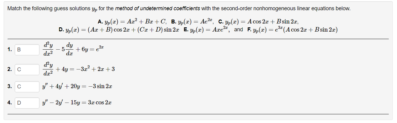 Solved Match the following guess solutions yp for the method | Chegg.com